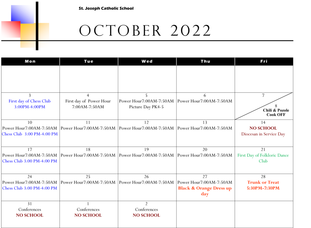 Monthly Calendar l Saint Joseph Catholic School